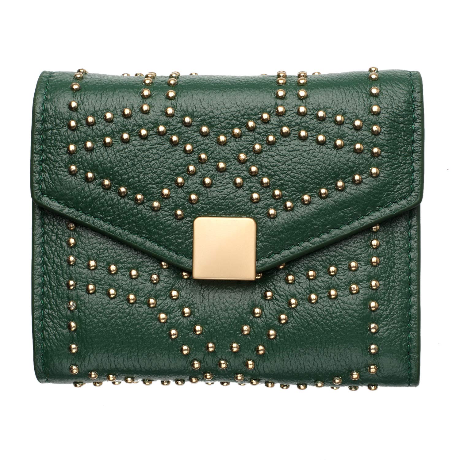 Genuine Leather Wallet for Women, Rivet Studded Money Organizer, Smart Leather Credit Card Case, Multipurpose Small Purse (Dark Green)