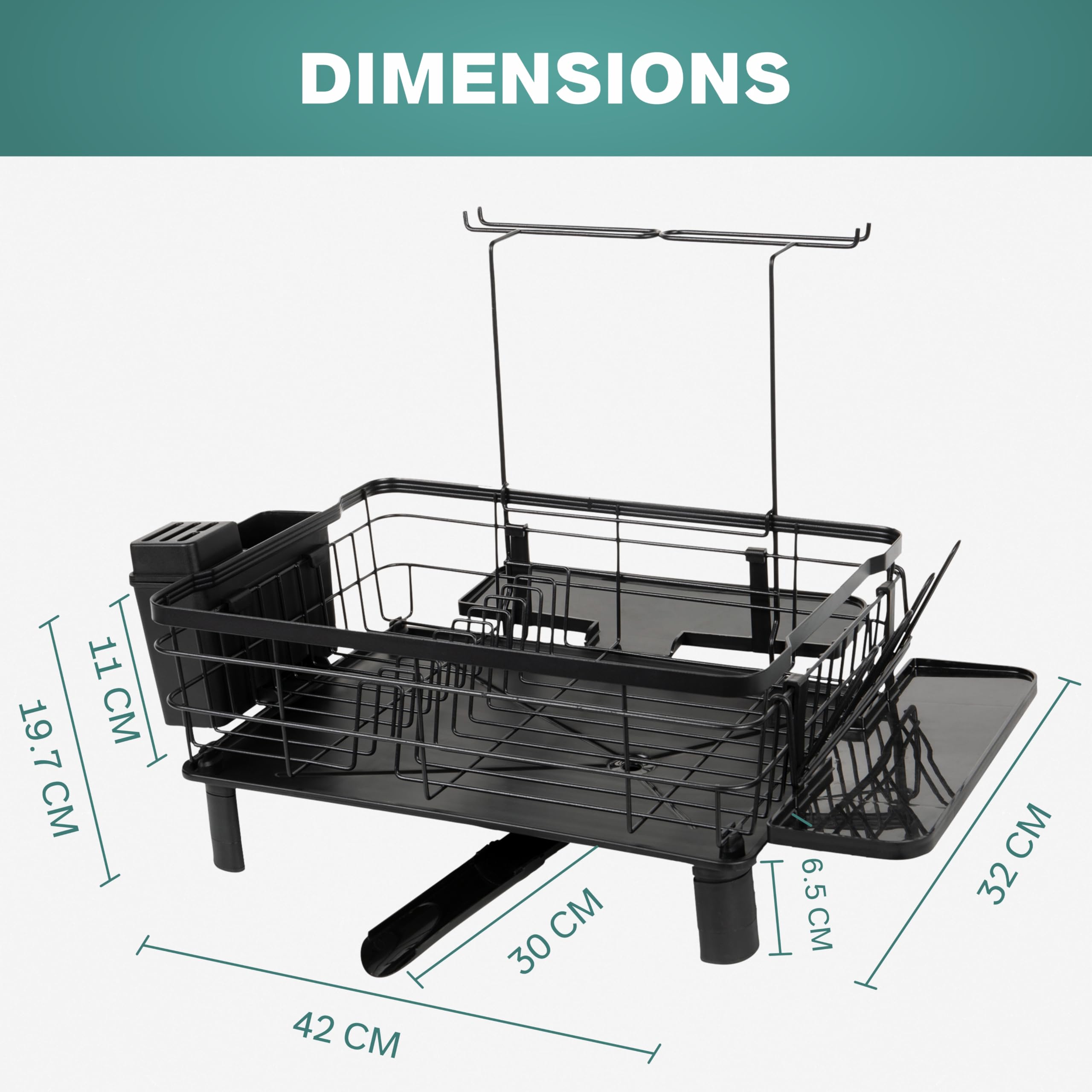KitchNcure Large Dish Drying Rack for Kitchen Counter - Adjustable Height Dish Rack Over Sink with 12" Extended Spout & 4-Channel Drainboard - Kitchen Sink Organizer with Utensil Holder & Cup Hangers