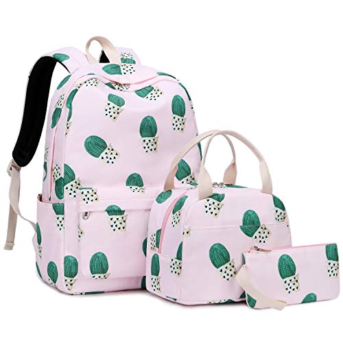 School Backpack Set 3 Pieces Lightweight Teen Girls Bookbags Insulated Lunch Bag Pencil Case (Cactus)