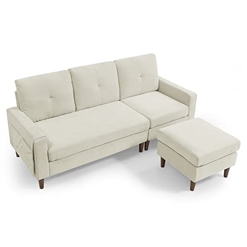 MOEO 3 Seat Sofa with Removable Ottoman and Cushions, L-Shape Chenille Convertible Couch w/Pocket & Rubber Wood Legs, Perfect for Living Room, Aapartment, Small Space, 80", Beige