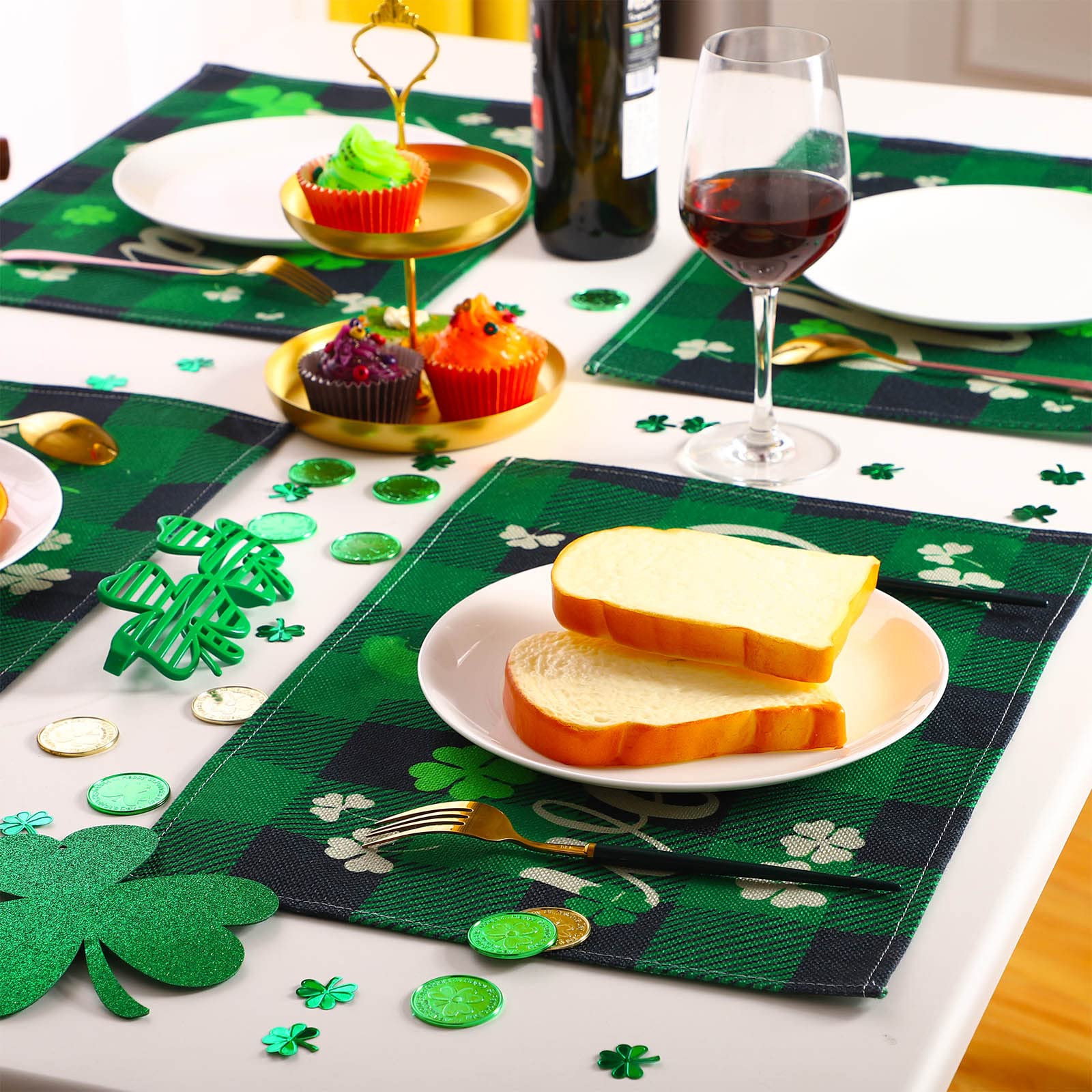 Tatuo 6 Pcs St. Patrick's Day Placemats Buffalo Plaid Placemats Lucky Clover Shamrock Blessed Table Mats Non Slip Heat Resistant Washable Place Mats for Kitchen Dining, 12 x 18 Inch (Stylish Style)