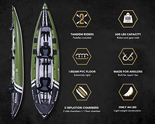 Elkton Outdoors Steelhead Inflatable Fishing Kayak Boat - 2 Person Angler Blow Up Tandem Kayak, Includes Paddles, Seats, Hard Mounting Points, Bungee Storage, Rigid Dropstitch Floor and Spray Guard