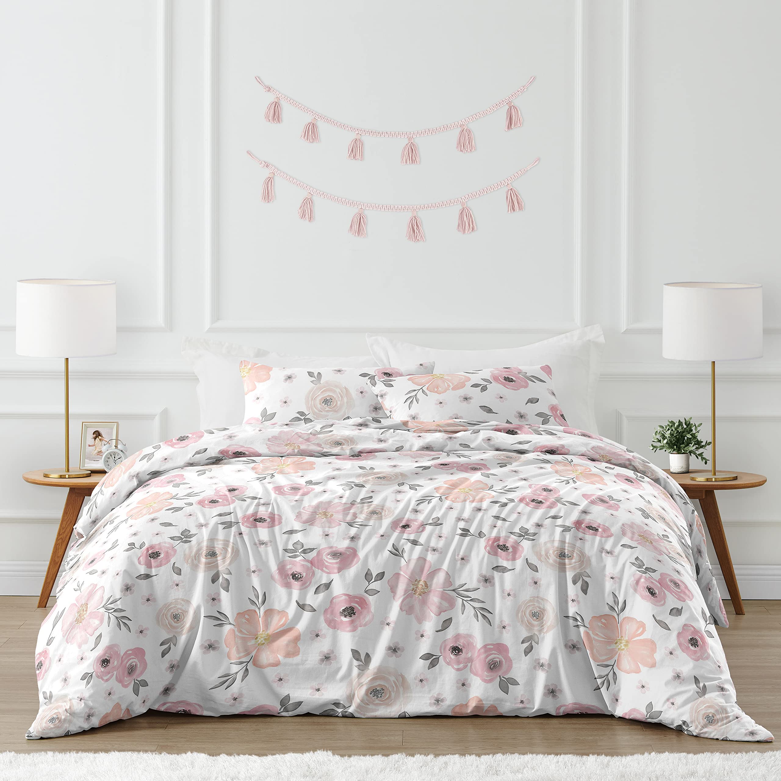 Sweet Jojo Designs Blush Pink, Grey and White Shabby Chic Watercolor Floral Girl Full/Queen Kid Childrens Bedding Comforter Set 3 Pieces - Rose Flower