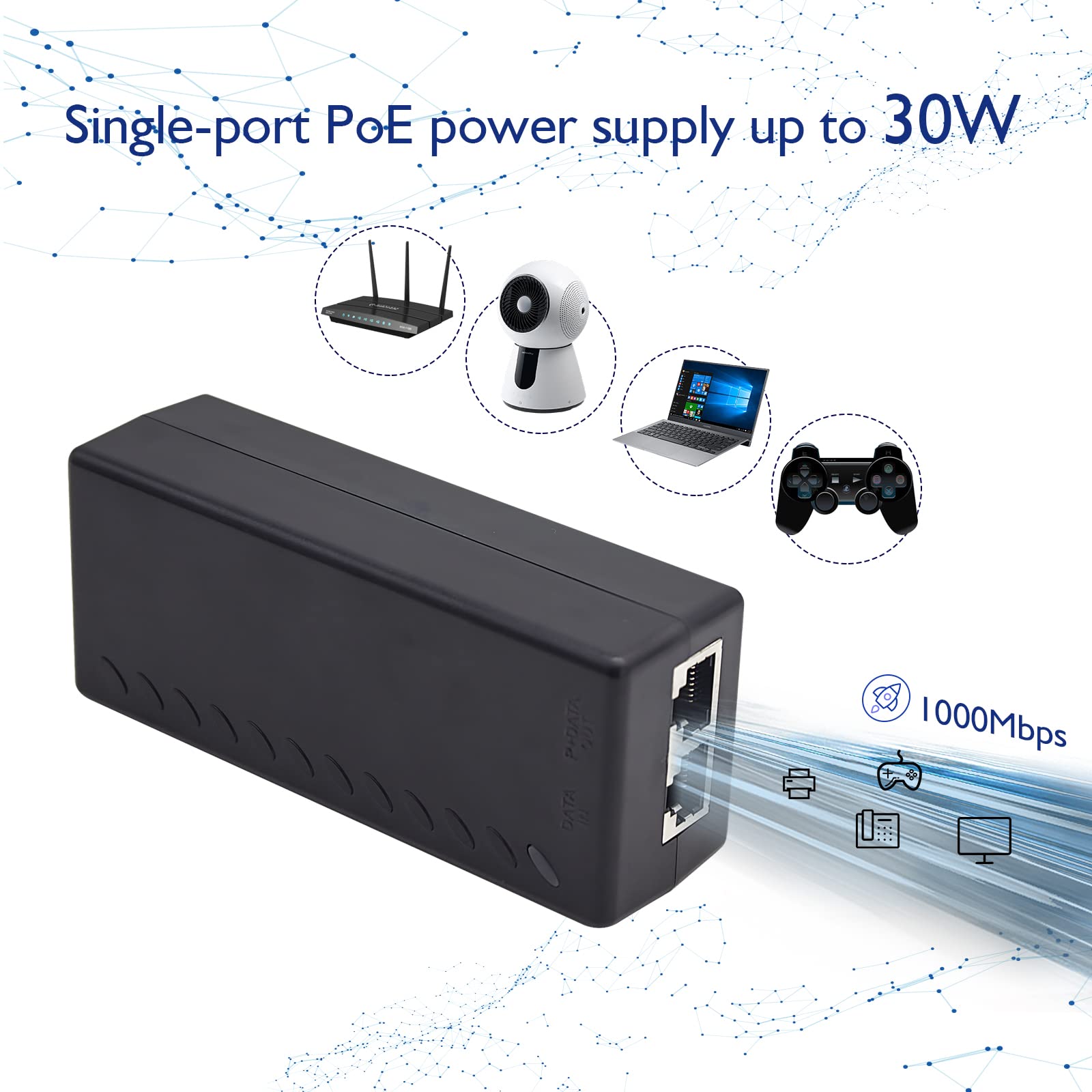 Gigabit PoE+ Injector Ethernet Adapter,10/100/1000Mbps, RJ45 30W, IEEE 802.3af/at Compliant, Up to 328 Feet,Plug & Play