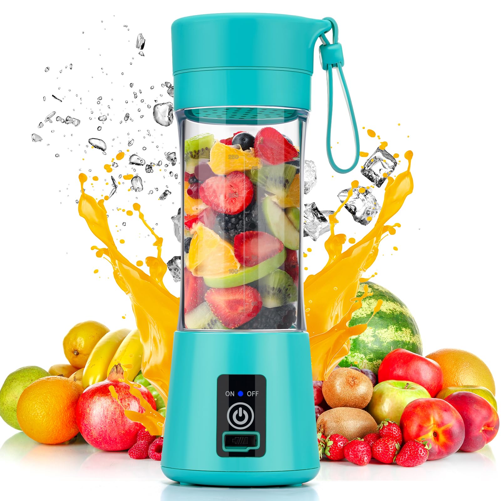 Personal Blender for Shakes and Smoothies, USB Rechargeable Shaker, Portable Juicer with Six Cutters, 380ML Juice Bottle for Travel Gym(Teal)