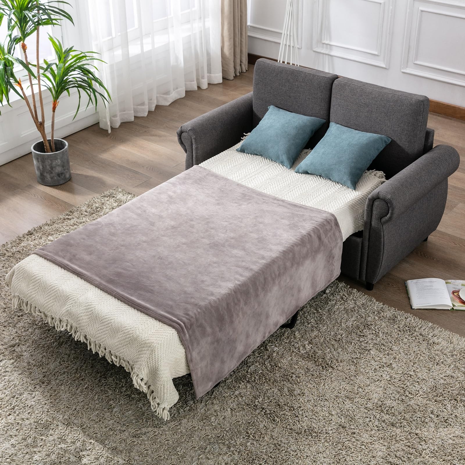 Luoyisimall Chaise Lounge Indoor Convertible Sofa Bed,57.5" Pull Out Futon Loveseat Sleeper w/Twin Size Memory Mattress,2-in-1 Sleeper Sofa Bed for Living Room,Apartment,Small Space (Gray)