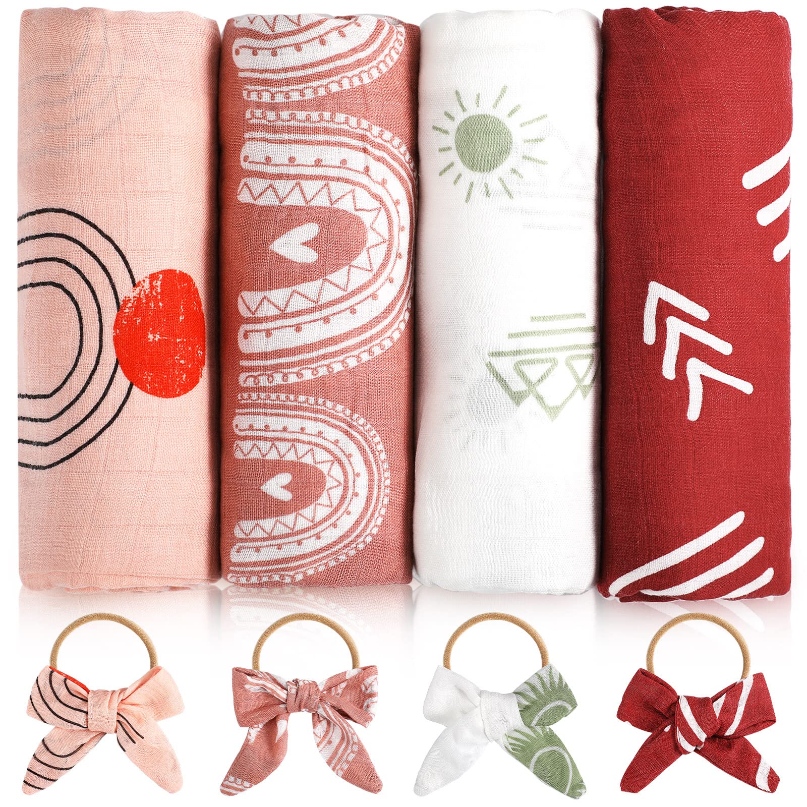 Tatuo 8 Pcs Baby Receiving Blanket Cotton 47 x 47 Inches Muslin Swaddle Blankets 4 Headband 4 Baby Swaddle for Newborns Accessories Set Breathable Soft Flamingo Flower Blankets(Boho Rainbow)