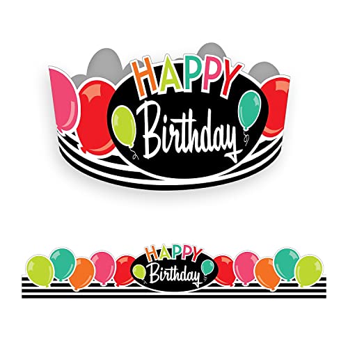 Schoolgirl Style Black, White and Stylish Happy Birthday CrownsāFull-Color, Pre-Cut Crowns for Birthday Celebrations, Festive Classroom Parties (30 pc)