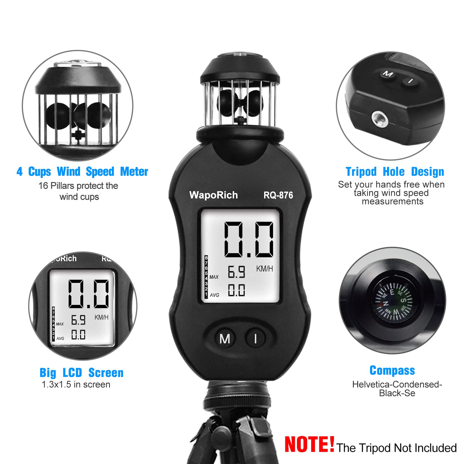 Digital Anemometer Handheld Wind Speed Meter with 360°Rotation Wind Senser with Big LCD Back-Light for Wind Speed/Wind Temperature/Max/Avg for HAVC, Drone Flight, Fishing, Shooting -RQ-876