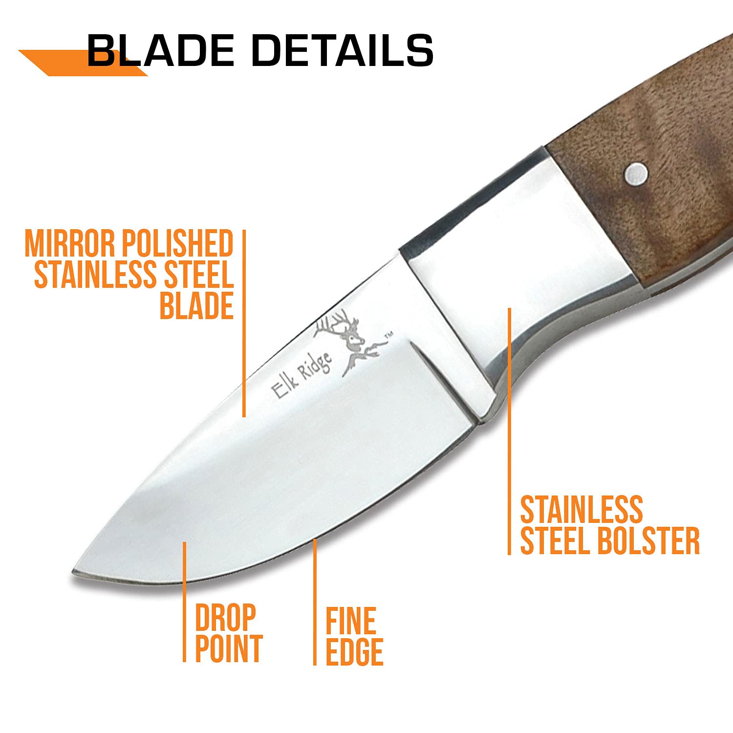 Elk Ridge - Outdoors Fixed Blade Knife - 5-in Overall, 440 Stainless Steel Mirror Polished Blade, Burl Wood Handle, Leather Sheath - Hunting, Camping, Survival, Everday - ER-111
