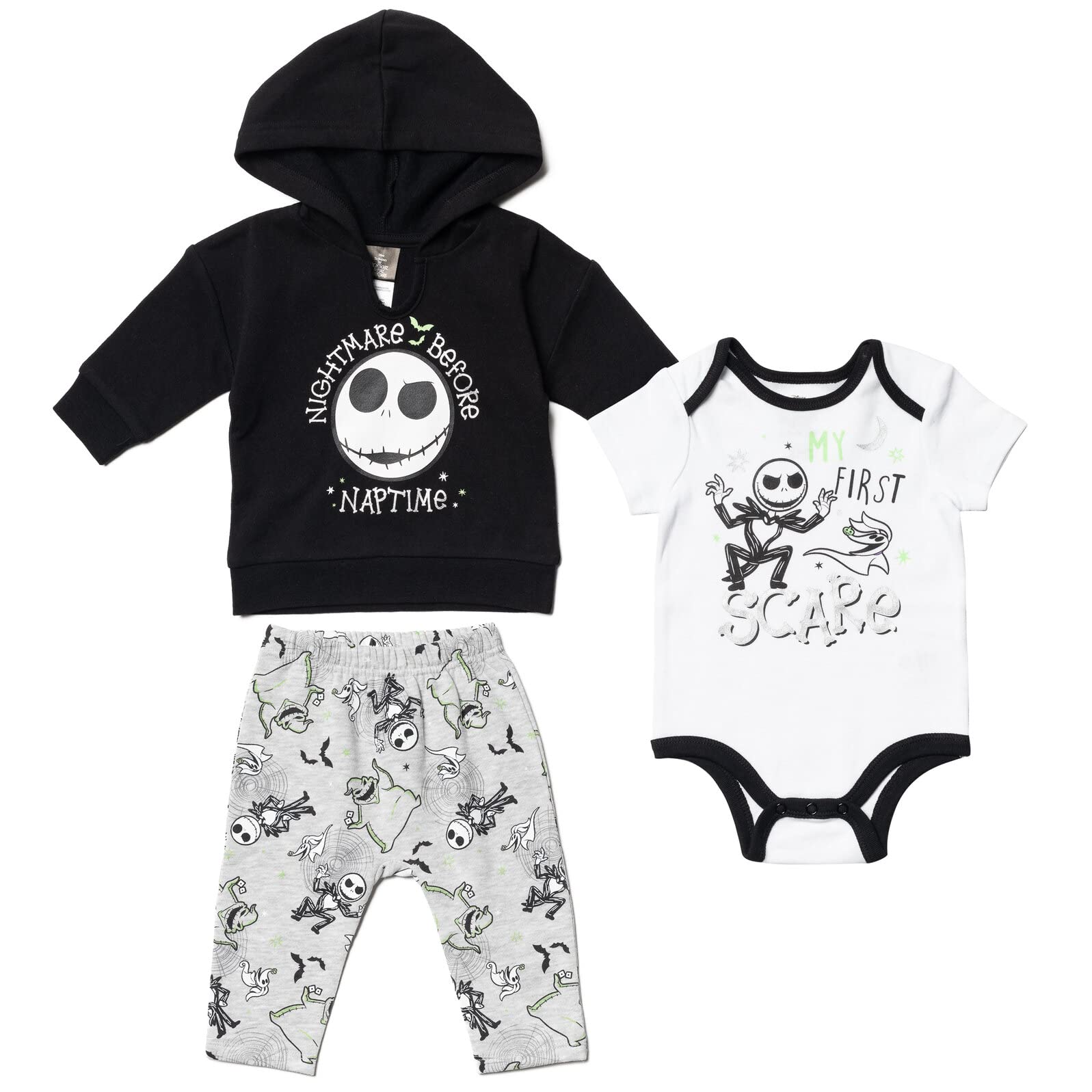Disney Nightmare Before Christmas,Newborn Baby Boy or Girl Hoodie Bodysuit and Pants 3 Piece Set Black/White 6-9 Months