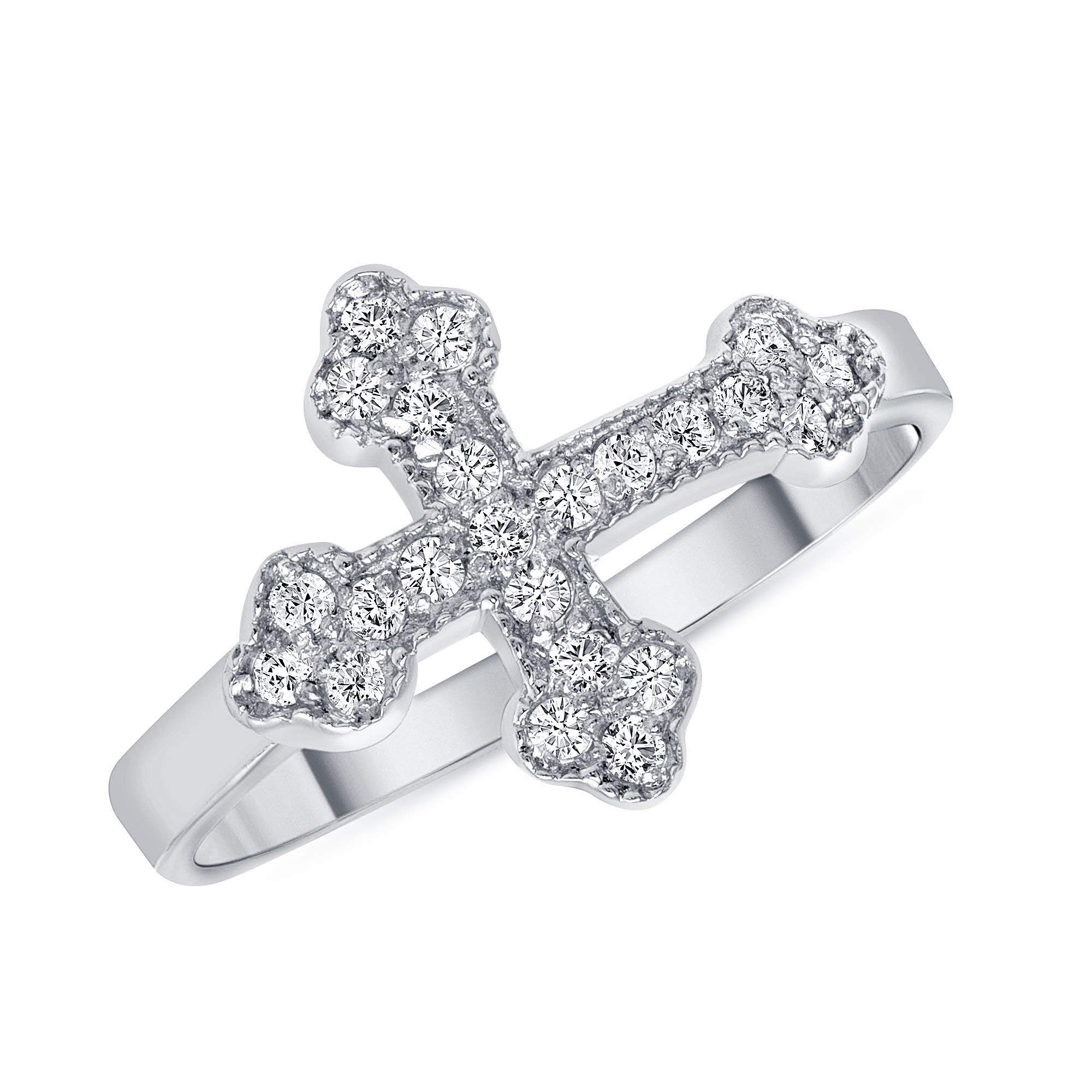 Elegant Sterling Silver CZ-Studded Cross Ring, Cubic Zirconia,