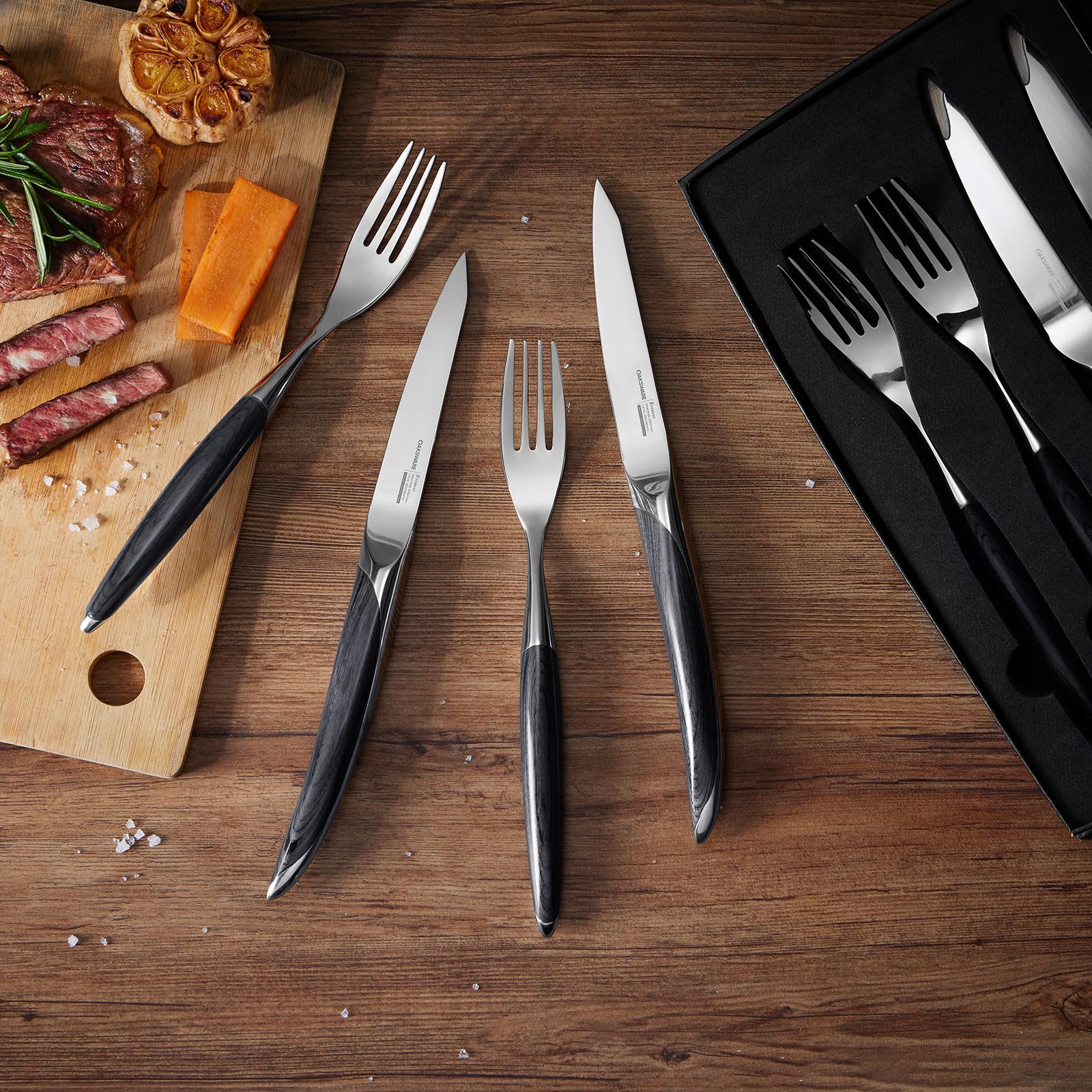 OAKSWARE Steak Knives and Dinner Forks Set of 8, German Stainless Steel Tableware, Flatware Cutlery Set for Kitchen, Mirror Polished, Full-Tang Wooden Handle, Rust Resistant & Easy to Maintain, Black