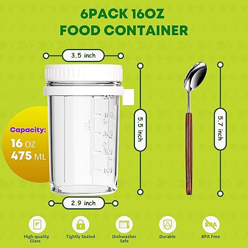 Overnight Oat Containers with Lids and Spoon 6 Set, 16OZ Large Capacity Glass Mason Jars, Glass Food Storage Containers for Milk, Cereal, Vegetable and Fruit Salad(6 PACK)