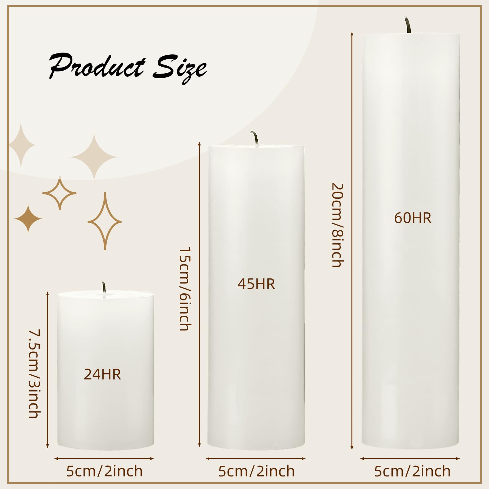 Nuogo 24 Pcs Ivory Pillar Candles Bulk Set of 3 Long Burning Wax Pillar Candles 2 in x 3, 6, 8 Inch Dripless Unscented Smokeless Candles for Wedding Party Spa Lantern Fireplace Home