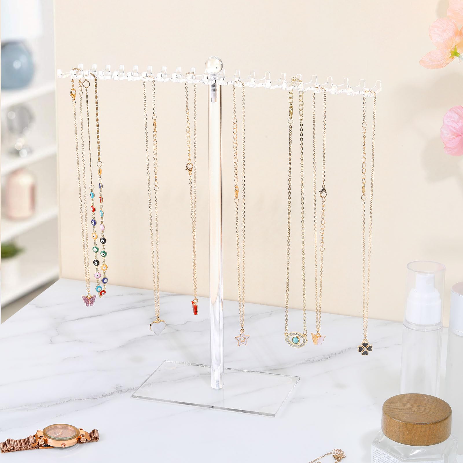 OAOLEER Acrylic Necklace Organizer, Clear Necklace Holder Stand, Jewelry Organizer Display Hanger Rack with Bilateral Hooks for Necklaces Pendant Bracelets Ring (Tall 11.6 in)