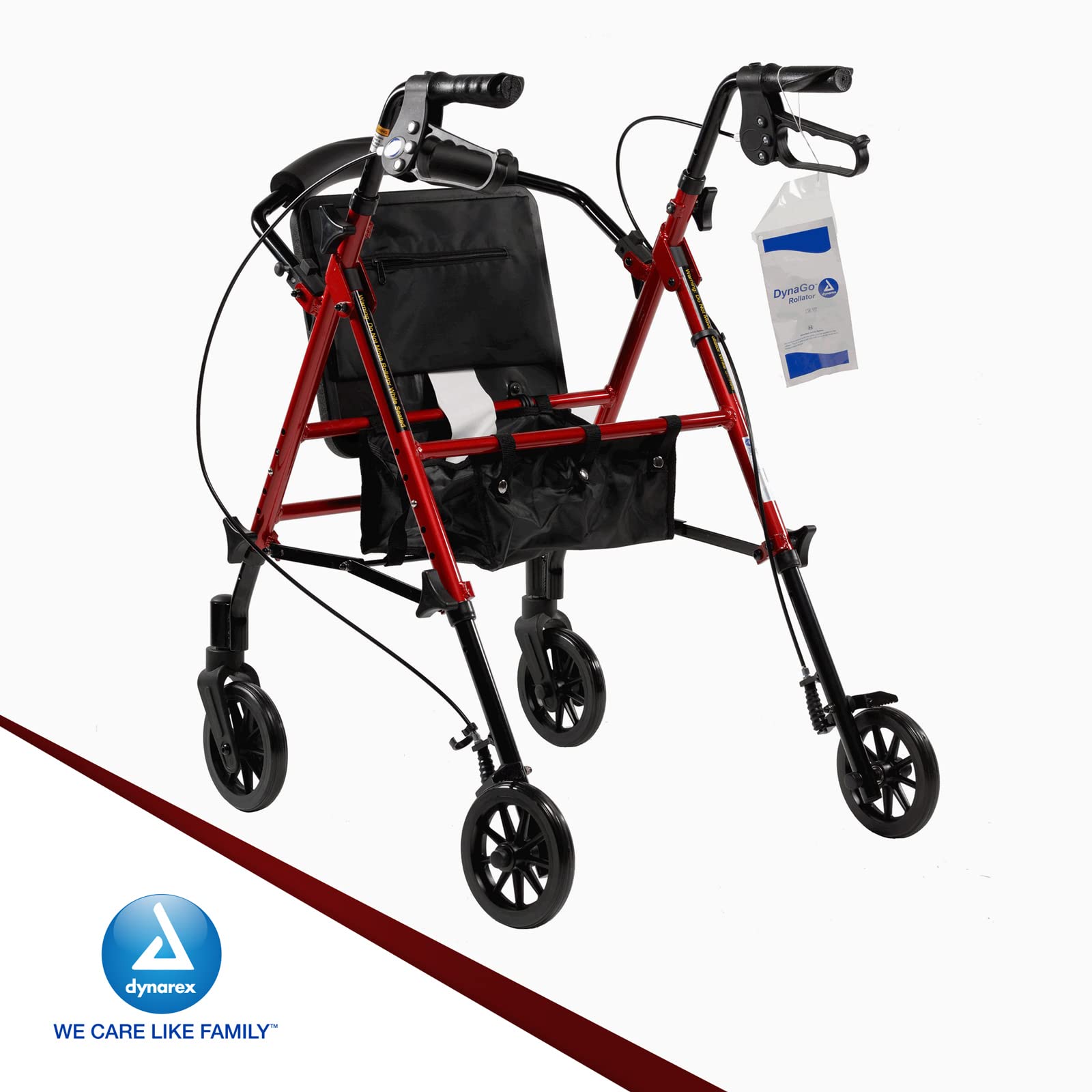 Dynarex DynaGo Flex Rollator - Foldable, Portable, Stand-Up Rolling Walker - 6β Wheels, Adjustable Seat Height & 300 lb. Weight Capacity, Red Frame, 1 Rollator