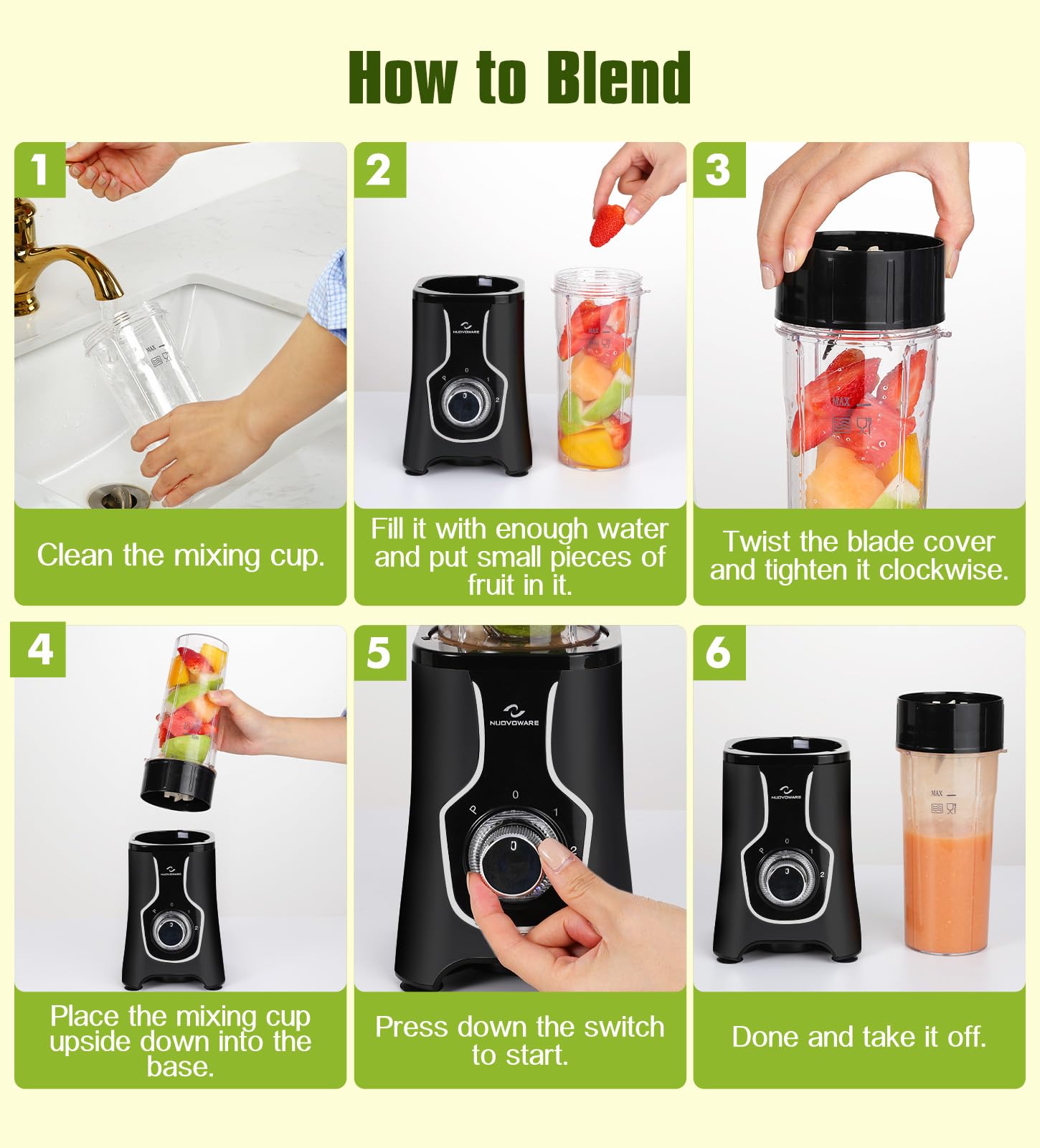 Nuovoware Portable Blender for Shakes and Smoothies, 12 PCS Personal Size Blenders with 6-Edge Blade, 600W Smoothie 2 * 20oz Bottle, 3 Speeds Juice, Protein Drinks, Matte Black