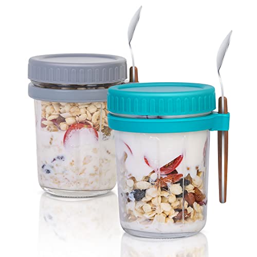 Overnight Oats Jars with Lid and Spoon Set of 2,10 oz Multiple Use Large Capacity Airtight Seal Oatmeal Container with Measurement Marks, Mason Jars with Lid, Grey and Turquoise