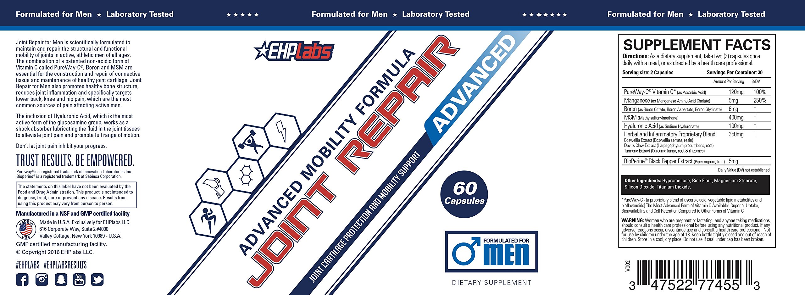 EHPLabs Joint Repair Mobility Support for Men (60 Capsules) Skin Care Antioxidant, Healthy Bone Structure, Target Lower Back, Knee and Hip Pain - 30 Servings