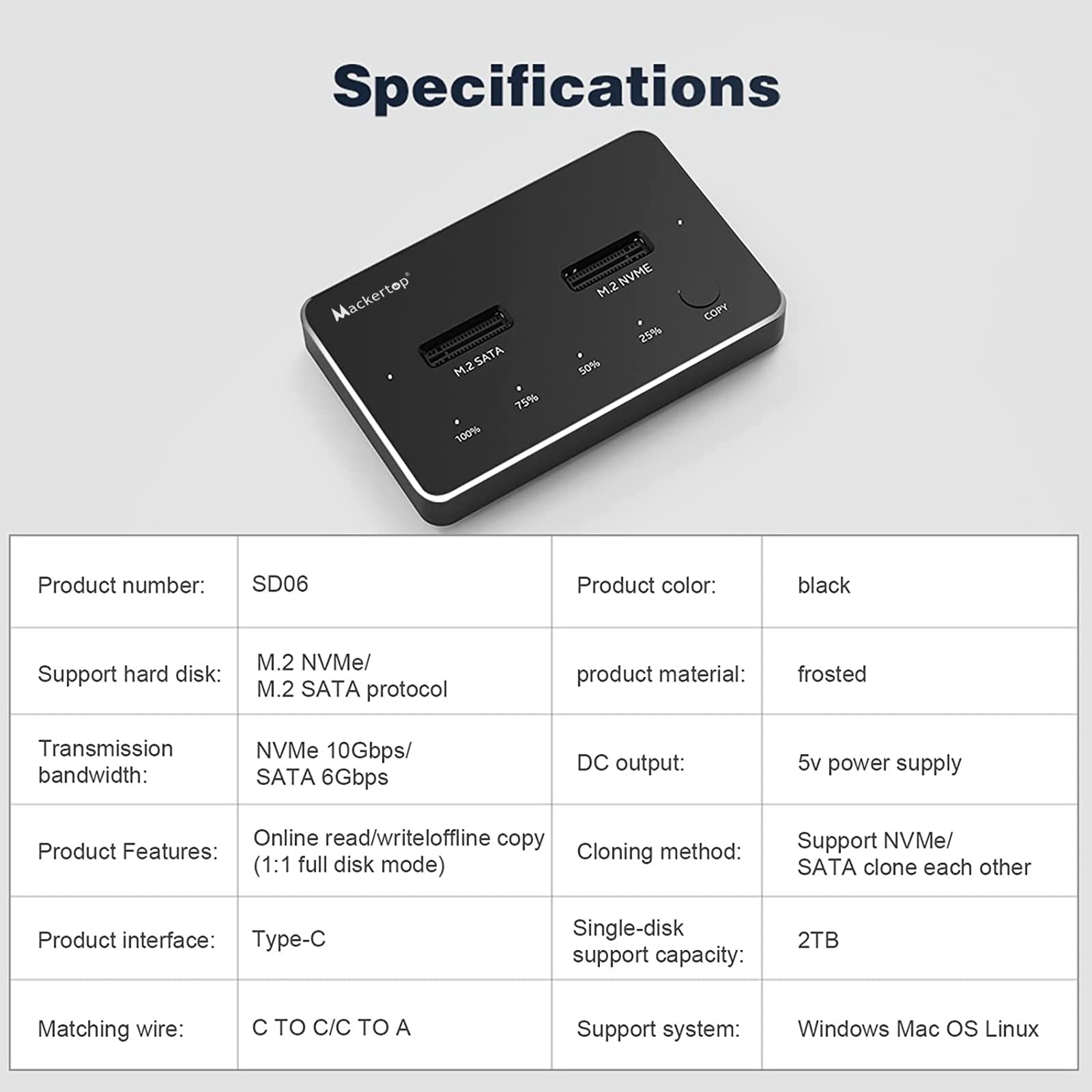 Mackertop USB C 3.1 Dual-Bay NVME Docking Station, M.2 NVME SATA External Hard Drive Enclosure Adapter, 10Gbps High Speed Reader Base Supports SATA/NVME M.2 SSD Offline Clone Duplicator