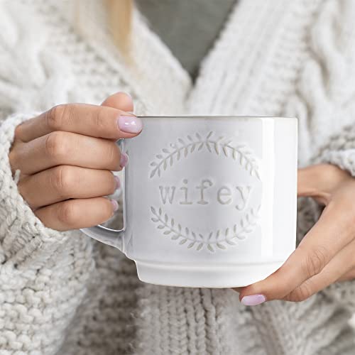Sheffield Home Wifey and Hubby Coffee Mug Set- White Ceramic Couples Coffee Cups- Cute Set of 2 (12 oz Each) Stackable Mugs Sets- Engagement Mugs for Couples