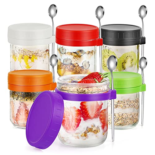 Overnight Oats Containers with Lids and Spoon, 6 Pack Mason Jars, 12 Oz Glass Container to Go for Chia Pudding Yogurt Salad Cereal Meal Prep