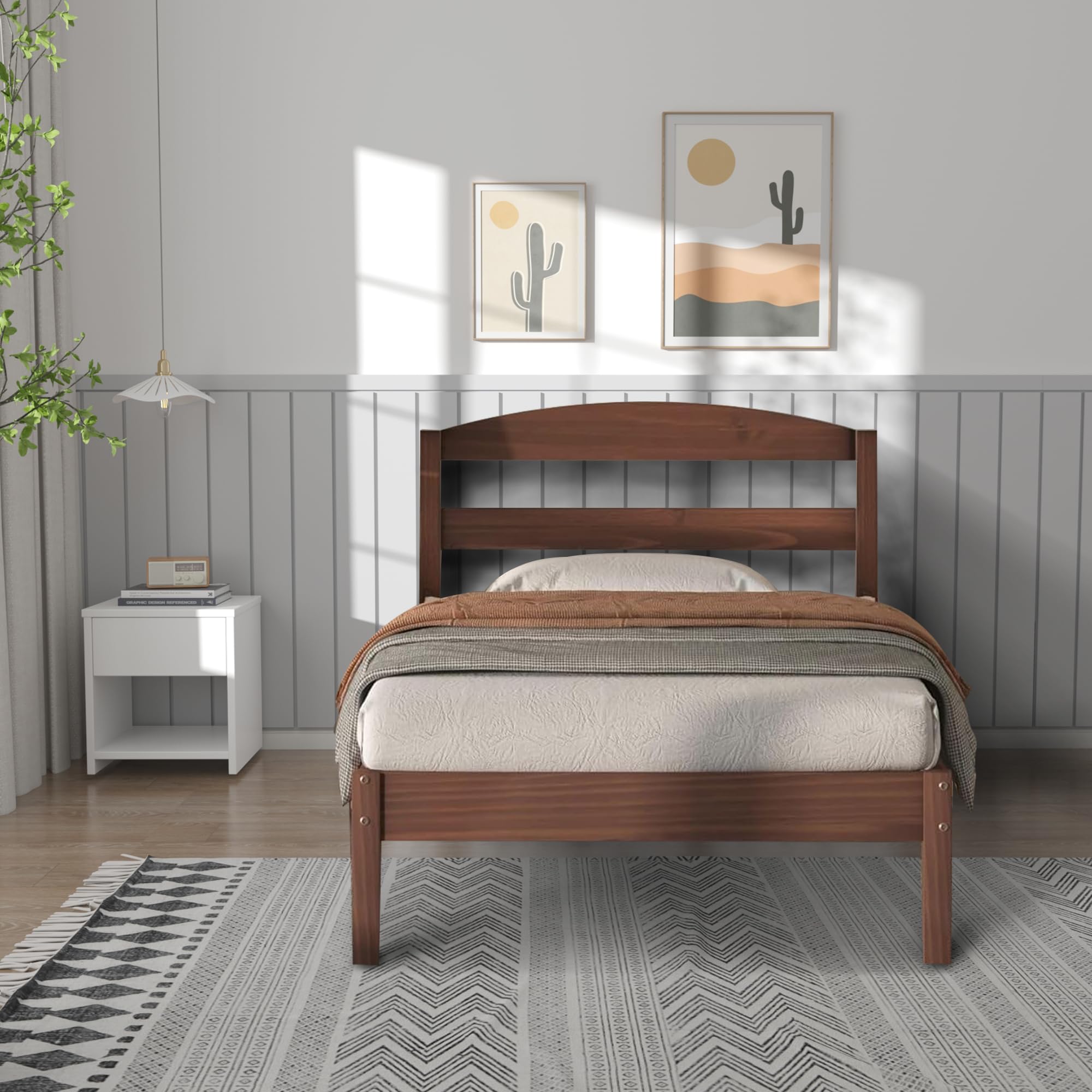KYLE & KAY Twin Bed Frame with Wooden Headboard, Solid Pine Platform Bed with Wood Slat Support, Farmhouse Bed for Bedroom, Guest Room, No Box Spring Needed, Easy Assembly, Mahogany