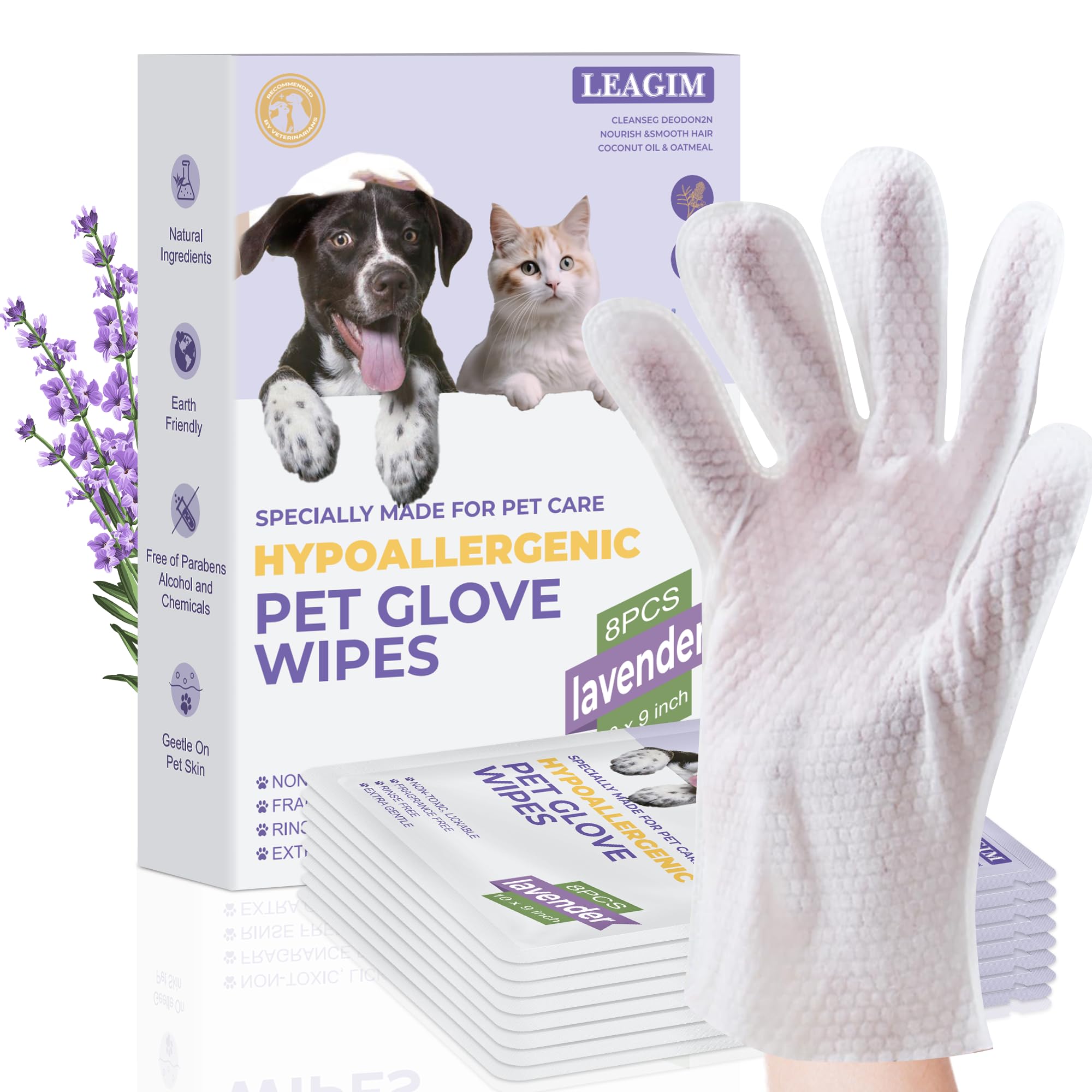 Pet Cleaning Glove Bathing Wipes for Dogs and Cats, Hypoallergenic Deodorizing No-Rinse Grooming Wipes for Paws, Body, and Butt, Perfect for Cat Dry Cleaning, Daily Care and Travel, Lavender, 8 Pcs