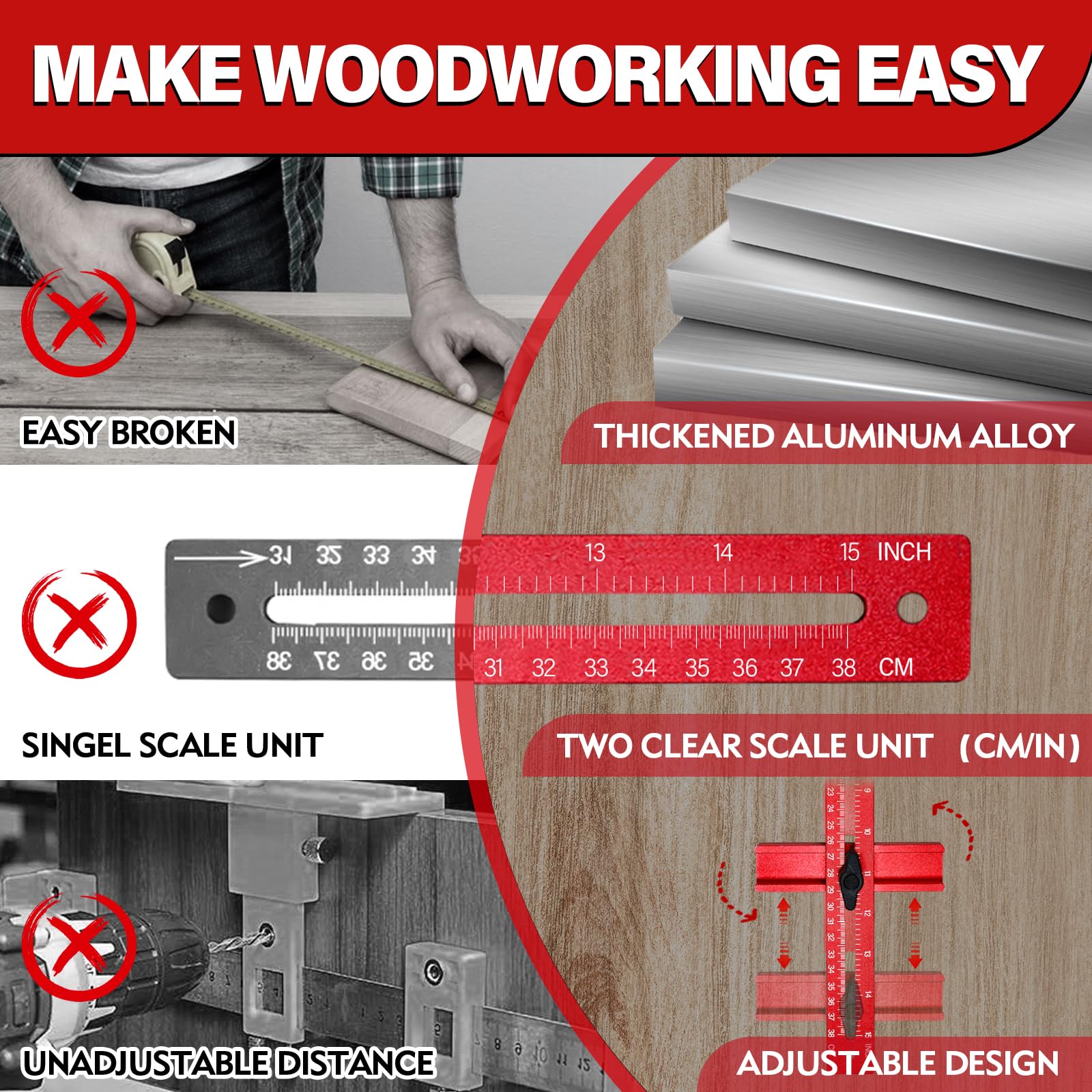 Sigerio 4 in 1 Router Milling Groove Bracket, Aluminum Alloy Router Circle Cutting Jig, Multifunctional Cabinet Hardware Jig and Router Guide, Adjustable Router Jig Tool for Woodworking (Rose Red)