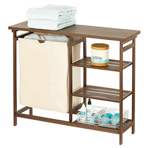 mDesign Bamboo Freestanding Laundry Hamper Basket Table - Storage Shelves for Folding Clothes and Organizing Detergent, Fabric Softener, Bleach, Dryer Sheets - Echo Collection - Espresso Brown