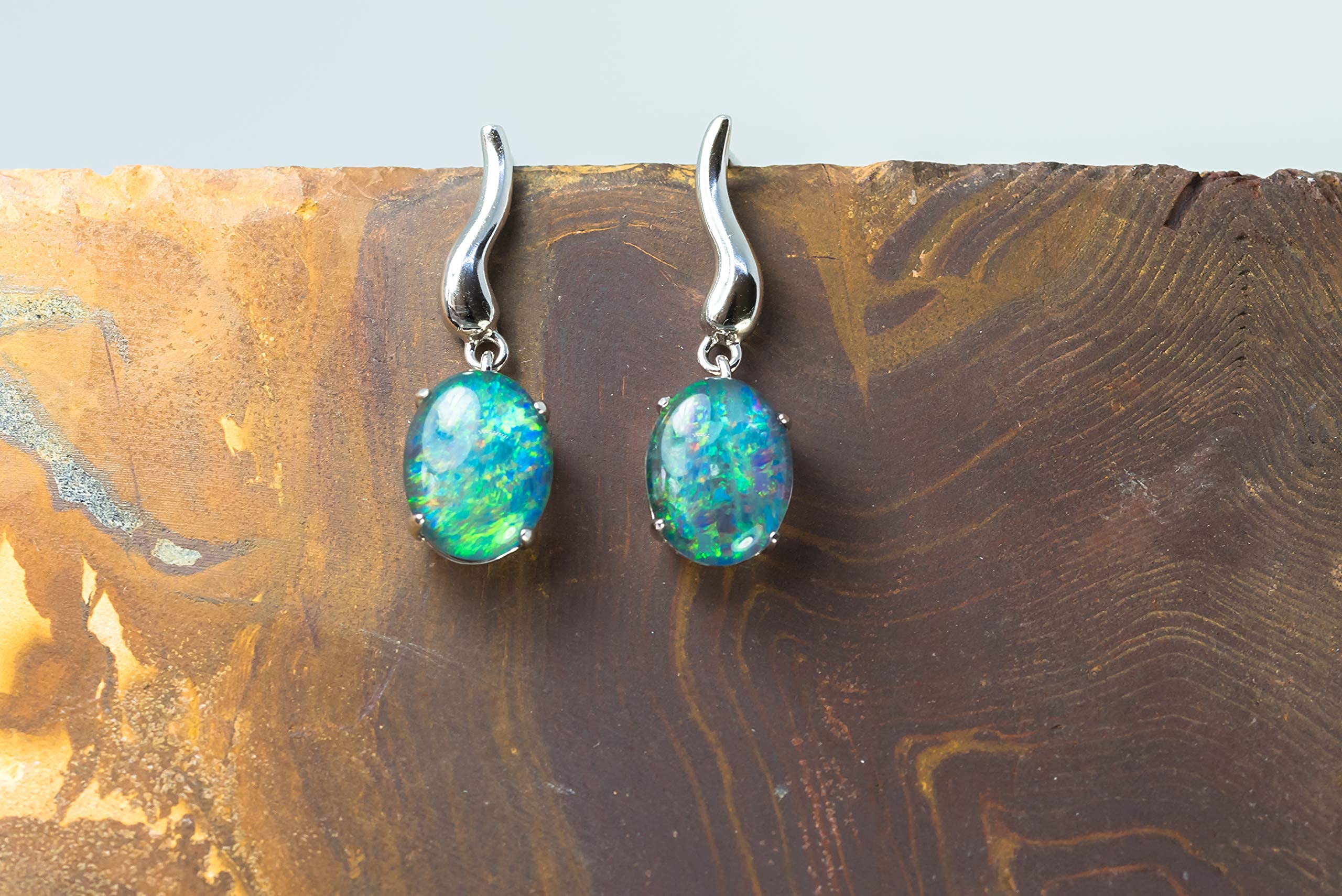 Genuine Opal Earrings - Australian Triplet Opal Earrings in 925 Sterling Silver with White Gold Plated Women's Jewelry…