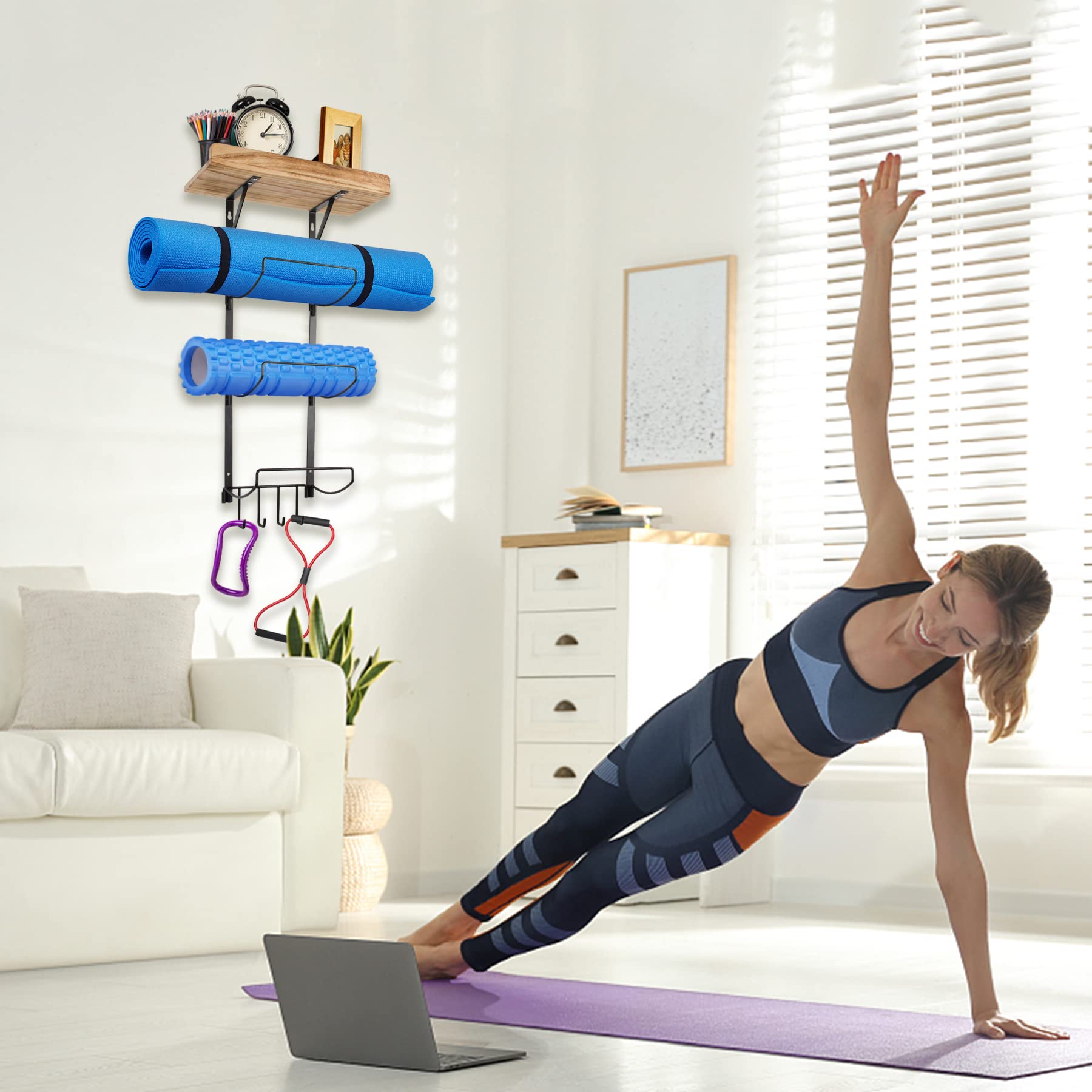 FIRJOY Wall Mount Yoga Mat Holder & Foam Roller Rack with Hooks and Shelf for Yoga Mat, Foam Roller Storage, Home Gym Accessories Organization
