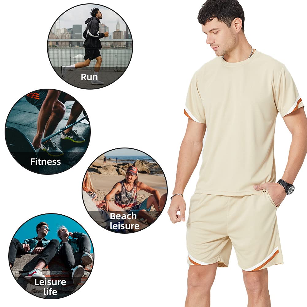 DUOFIER Men's Casual Tracksuit Short Sleeve Running Jogging Athletic Sweat Suits Set, Khaki-2XL