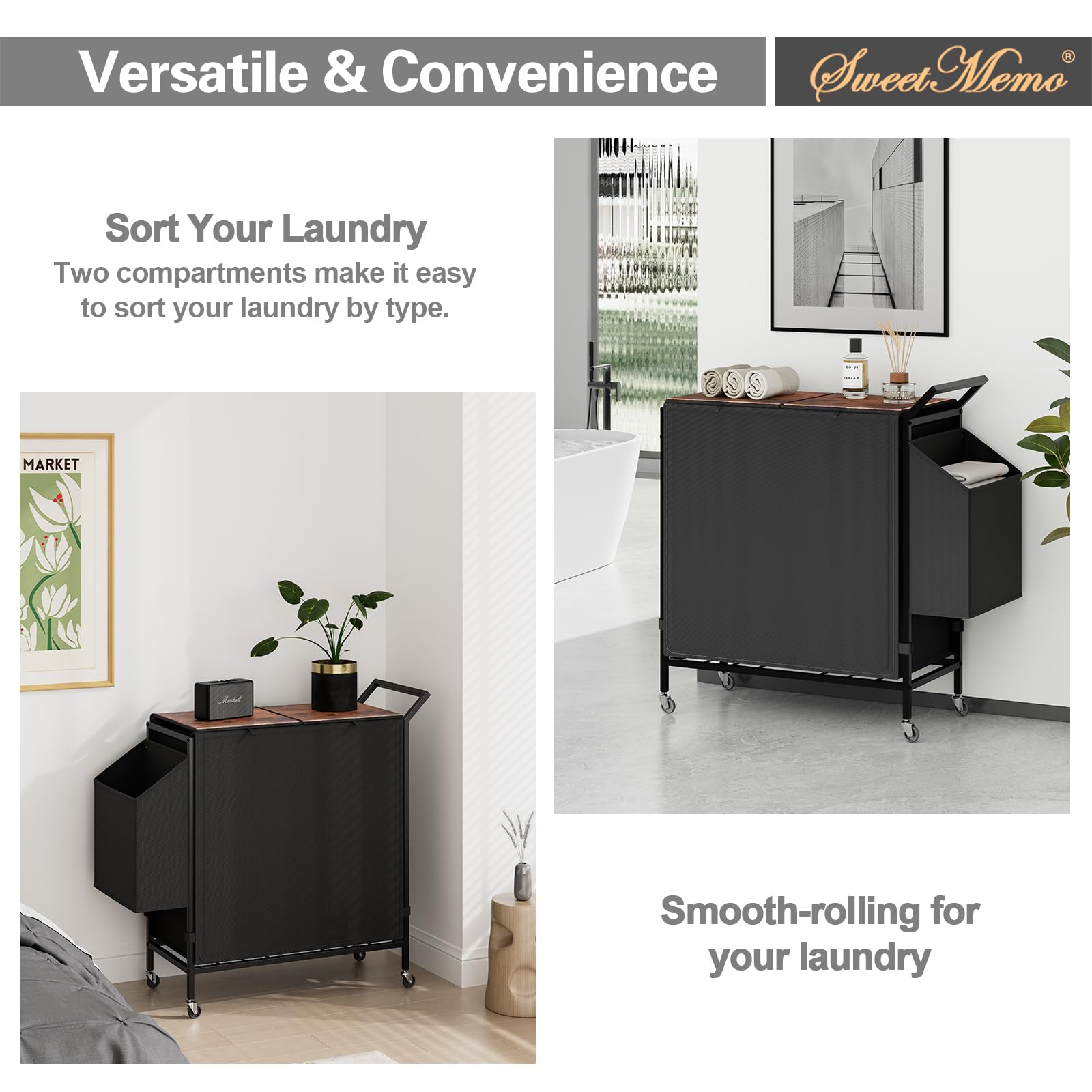 SweetMemo Rolling Laundry Basket with Wheels and Lids, 2 Section Laundry Hamper On Wheels, Heavy Duty Industrial Wheeled Clothes Hampers, Black