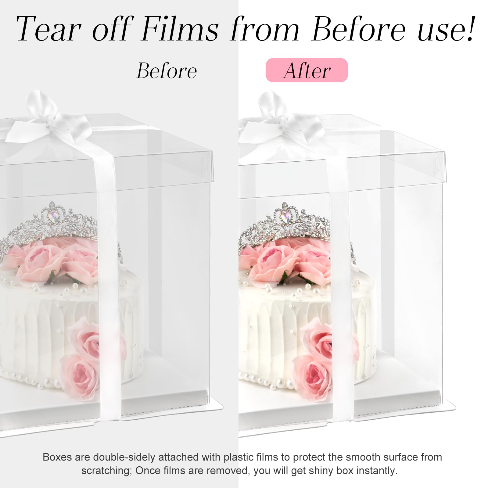 Ocmoiy 8 × 8 × 9 In. Clear Cake Box with Ribbon, 5 Pcs White Disposable Cake Carrier with lid for 2-Layer Cake Holder, Display and Gift Packaging
