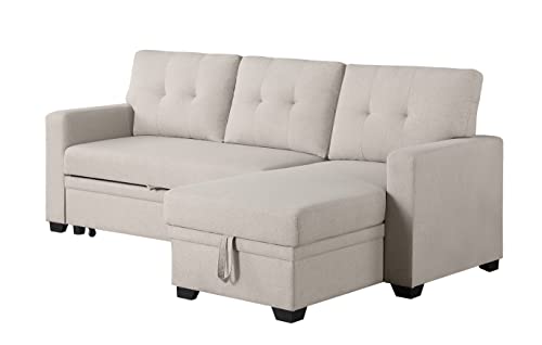 L Shaped Convertible Sleeper Sectional Sofa with Storage Chaise and Pull-Out Bed, Linen Upholstered Reversible Corner Couch w/Detachable Backrest for Living Room, Apartment, 3 Seater Home Furniture