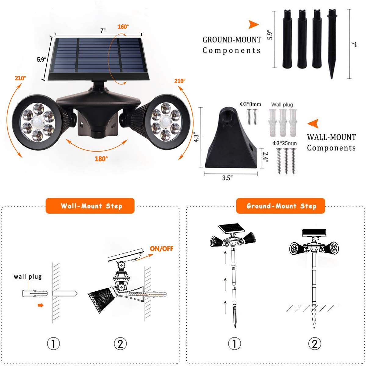 Egreat Outdoor Solar Light, Motion Sensor Security LED Light Dusk to Dawn Wireless, 2-in-1 Solar Powered Landscape Spot Lights Waterproof for Yard Driveway Lighting, (Black, Solar PIR Spotlight)