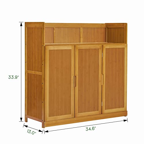 MoNiBloom 4 Tier Shoe Cabinet, Bamboo Free Standing Shoe Shelf Oragnizer Storage with Doors & High Baffle for 16-20 Pairs Home Entryway Hallway Office Bedroom, Brown