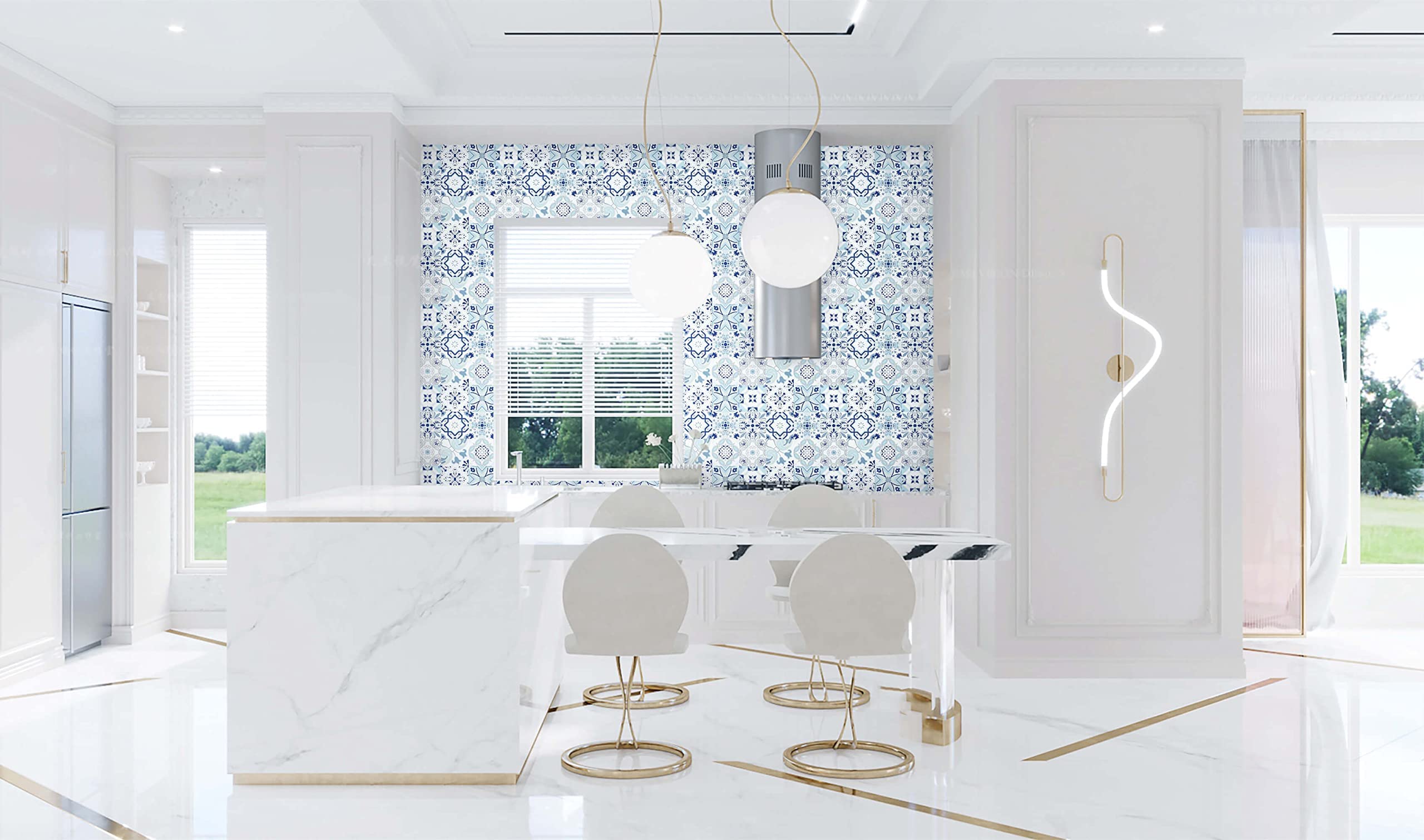 Dimoon Wallpaper 17.7’’x78.7’’ Contact Paper Thicken Blue White Floral Flower Tile Peel and Stick Removable Wall Waterproof Embossed Self Adhesive Vinyl