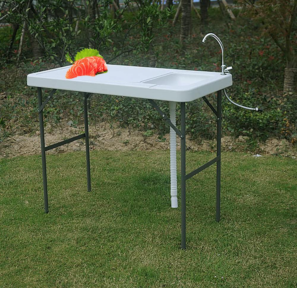 Fish Cleaning Table with Sink and Sprayer Camping Sink Table Portable Folding Camping Table Fish Fillet Hunting Cleaning Cutting Table Outdoor Gardening' Removable Picnic Table-White (with Sprayer)