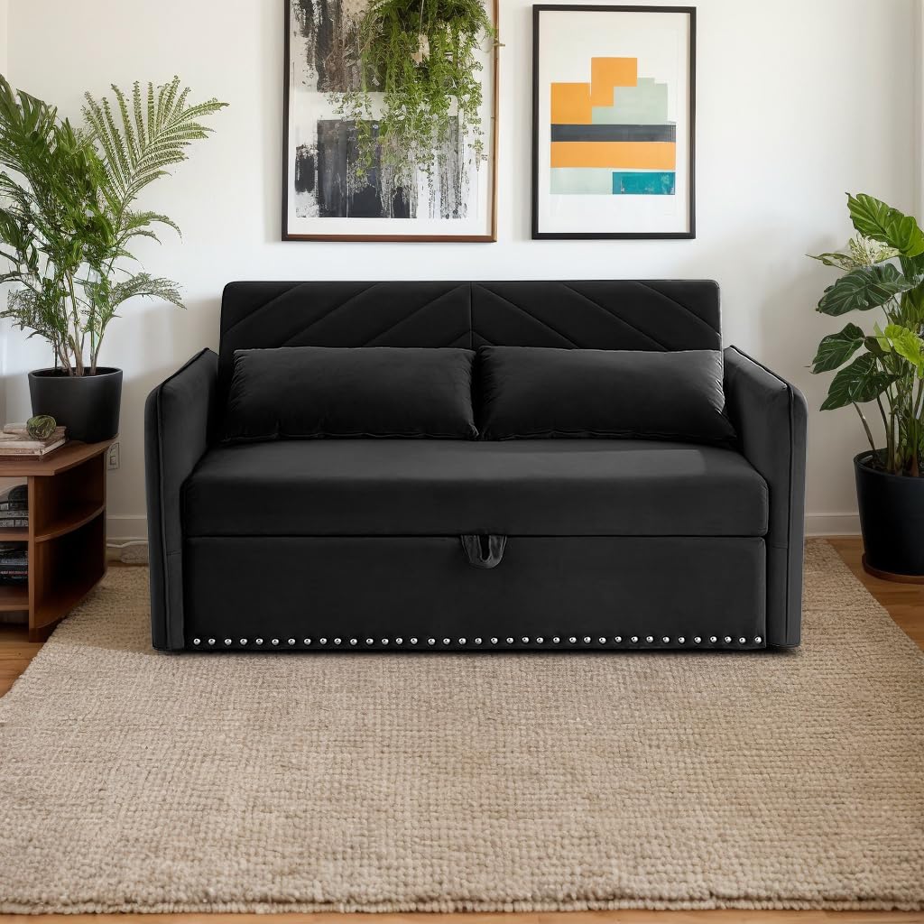 Mofolit Convertible Modern Sleeper Sofa Bed w/USB Port, 3-in-1 Adjustable Sleeper Sofa Couch w/Pull-Out Bed, Pillows & Side Pocket, Velvet for Living Room,Apartment,Small Space 55.5“(Black)