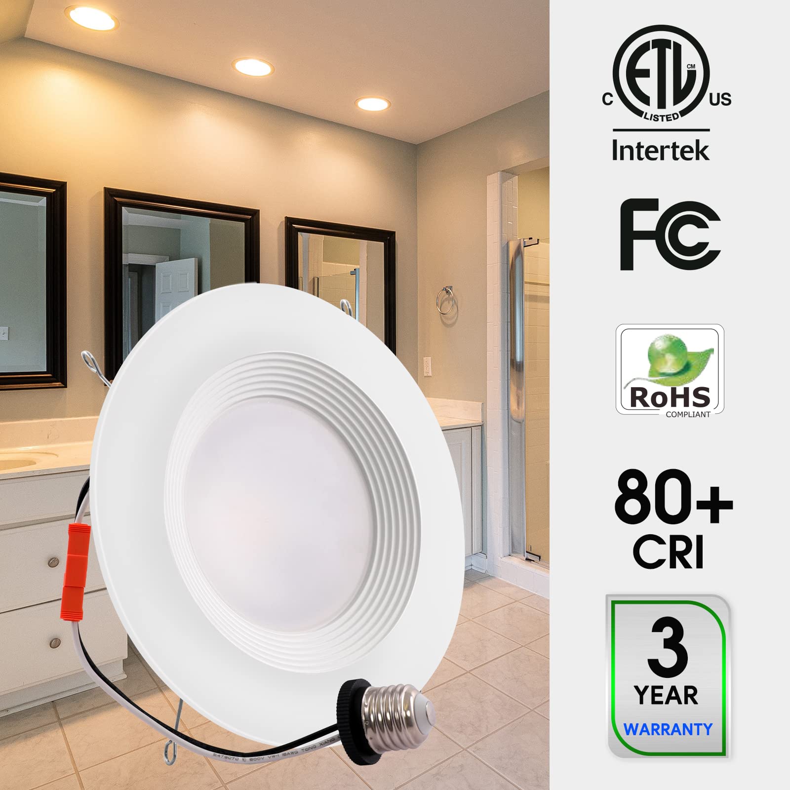 Energetic LED Recessed Lighting 6 Inch, 12.5W=100W, Soft White 2700K, 1050LM, Retrofit Downlight, Dimmable Trim Can Lights, Baffle Trim, Damp Rated, ETL, 12 Pack