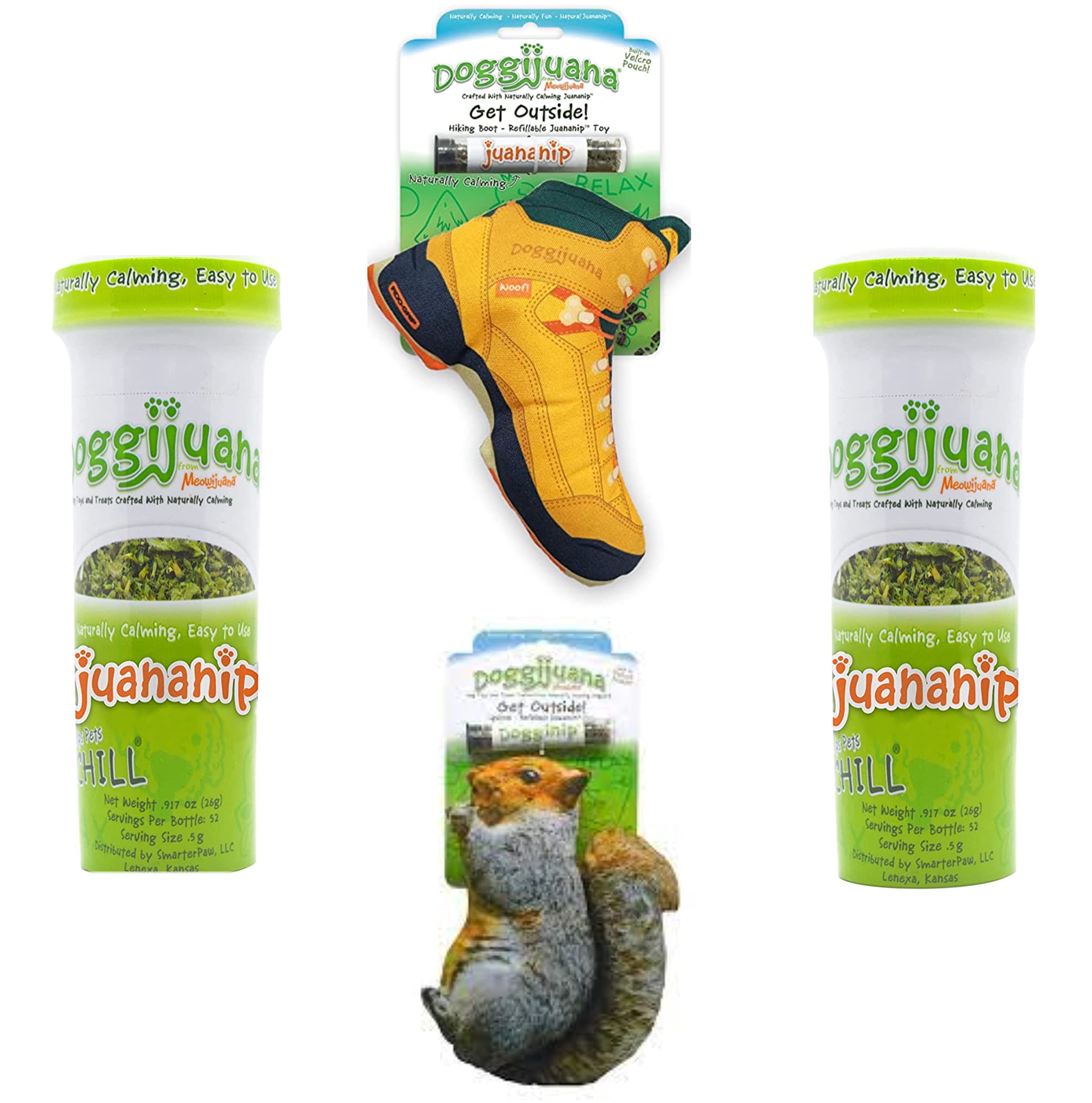 Doggijuana Get Outside Hiking Boot and Squirrel / Refillable Catnip Dog Toys / 2 Refill Bottles / Promotes Play and Helps Your Dog Chill