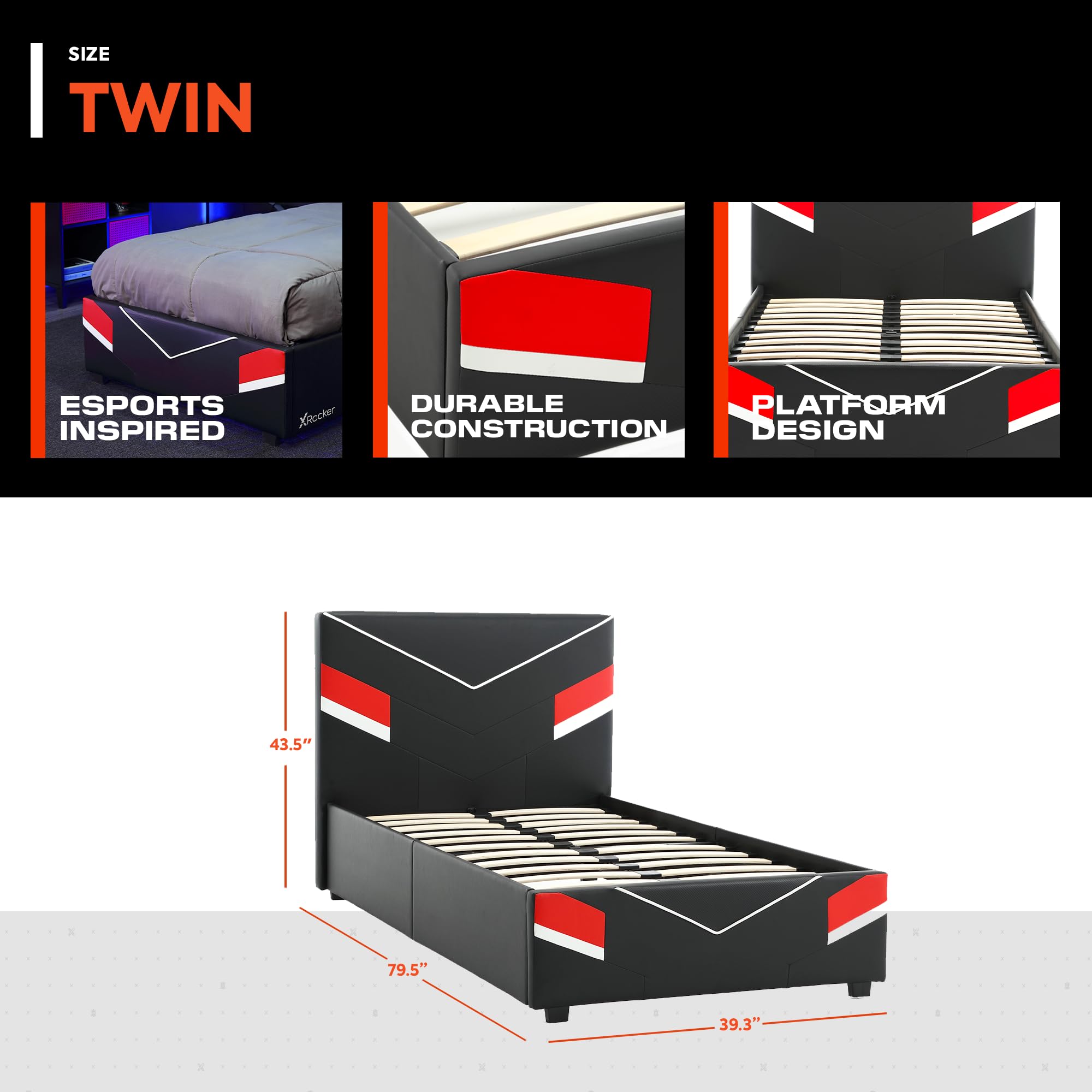 X Rocker Orion eSports Twin Gaming Bed, Black Faux Leather, Durable Frame and Padded Headboard
