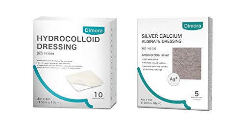 Dimora Hydrocolloid Dressing 4'' x 4'', Sterile Self-Adhesive Patches & Dimora Ag Silver Calcium Alginate Wound Dressing Pads, 4'' x 4'' Patches