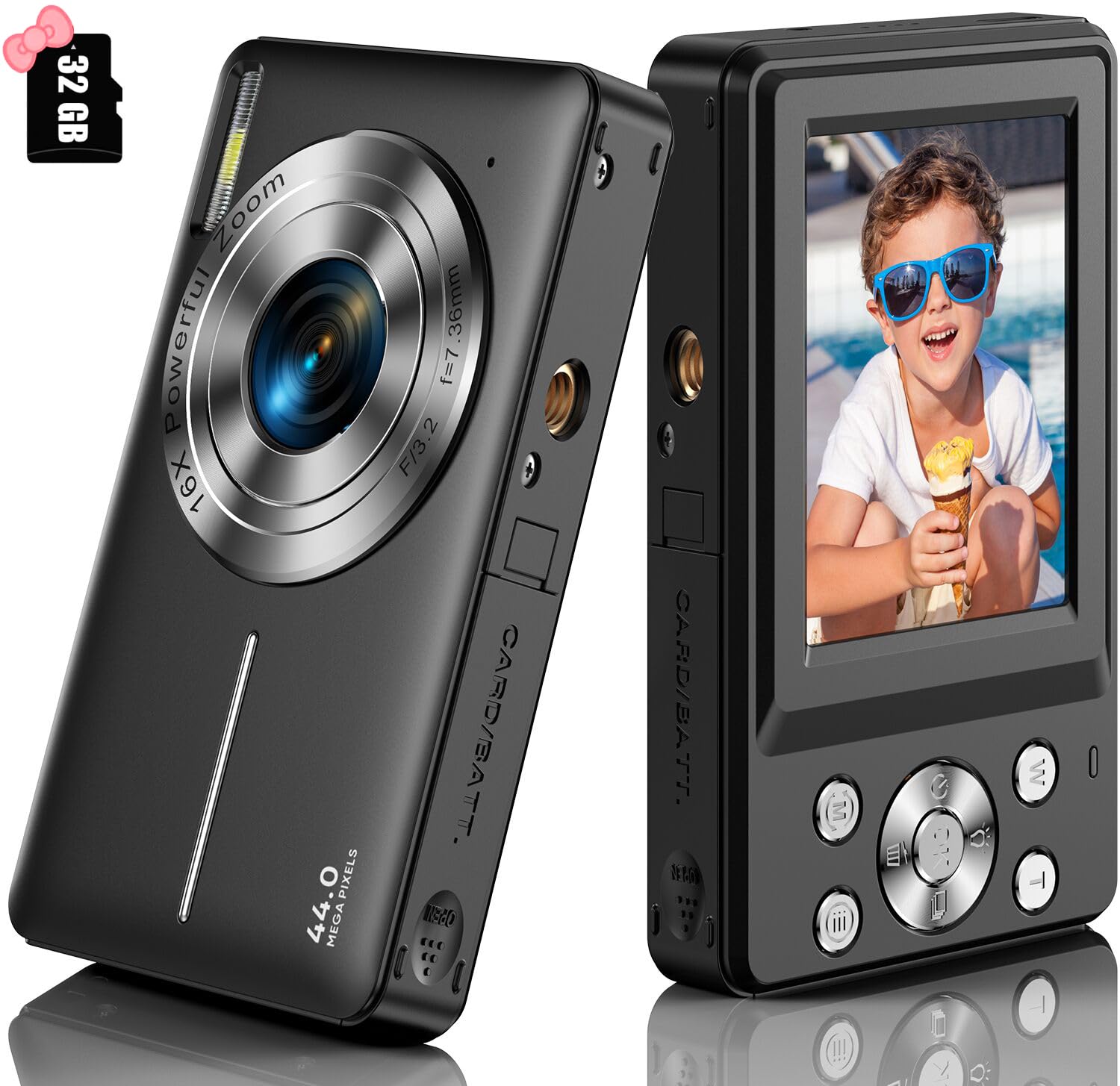Digital Camera, FHD 1080P Kids Camera 44MP Compact Digital Camera with 32GB Card, 1 Batteries 16X Digital Zoom Point and Shoot Digital Cameras Gift for Kids Boys Girls Teens (Black)