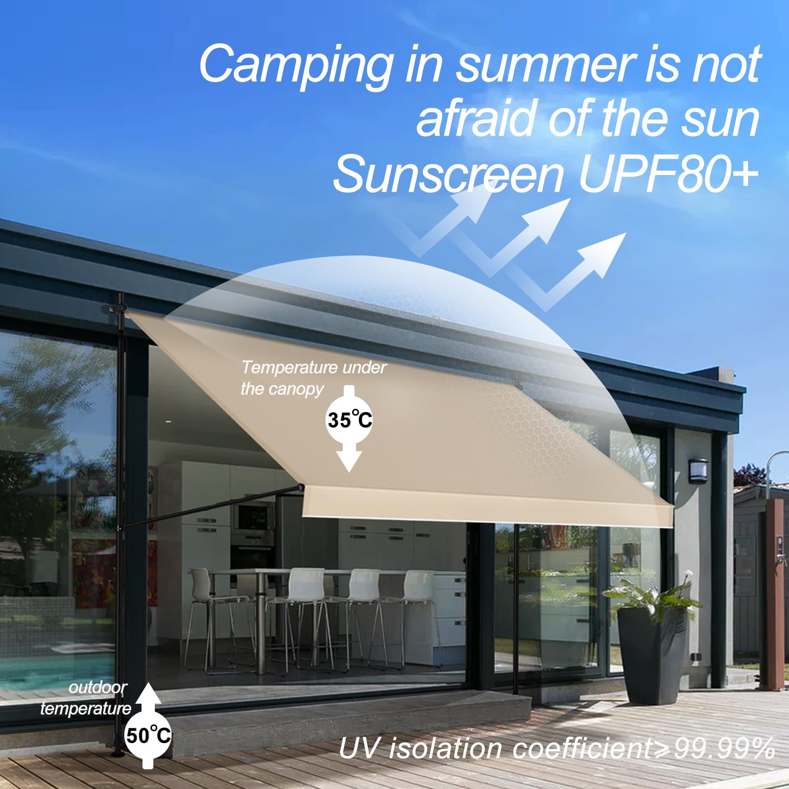 JEKITO Manual Retractable Awning – 118” Non-Screw Outdoor Sun Shade – Adjustable Pergola Shade Cover with UV Protection – 100% Polyester Made Outdoor Canopy – Ideal for Any Window or Door Cream