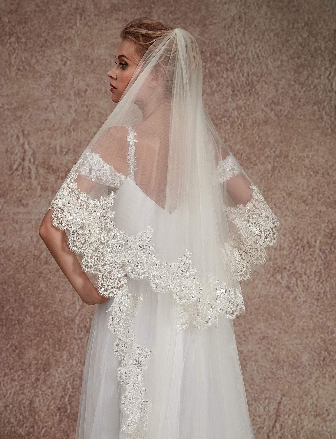 EllieHouse Cathedral Length 2 Tier Lace Bridal Wedding Veil For Bride Ivory 3 M