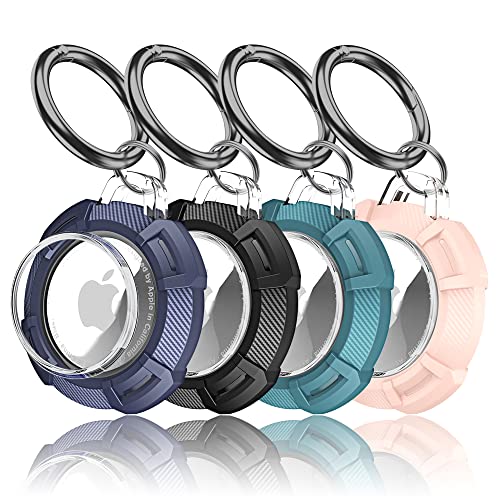 Smasener Airtag Holder 4 Pack for Apple Airtags, Scratch Resistant PC+TPU Full Protective Air Tag Case with Built-in Protective Film , Apple Airtag Accessories for Keyring (Black, Blue, Green, Pink)